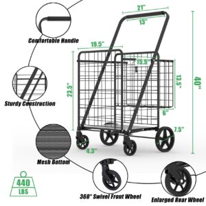 Jumbo Shopping Cart for Groceries, 30.7 Gallons Folding Grocery Cart with Waterproof Bag, 360° Swivel Wheels & Double Basket, Portable Heavy Duty Utility Cart for Shopping/Laundry-Hold Up to 440 LBS