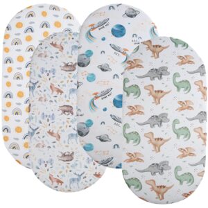 tontukatu bassinet sheet set 4 pack snug fitted cradle fitted sheets, stretchy ultra soft, for oval rectangle hourglass bassinet mattress, unisex boy girl, sun/forest deer/space/dinosaur