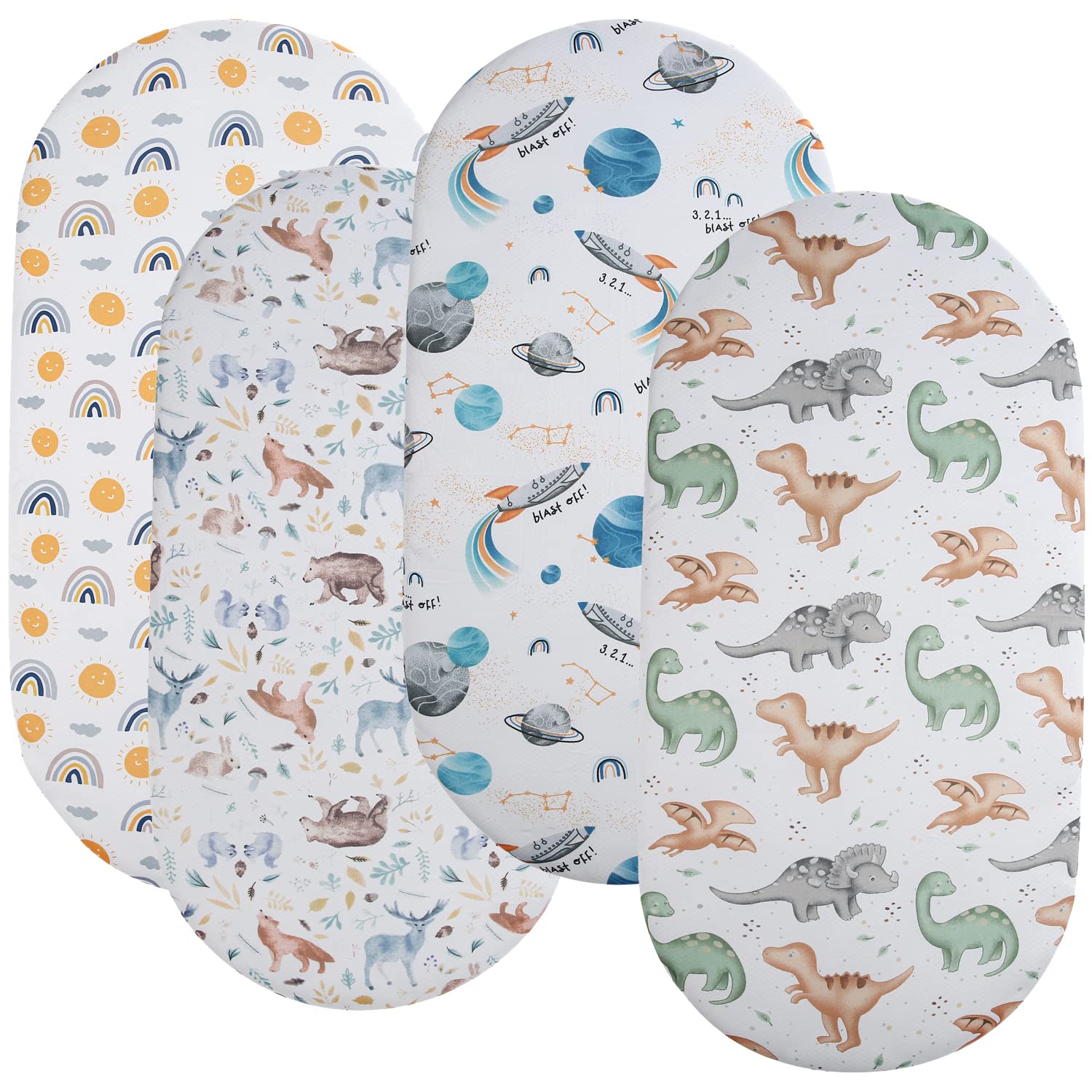 Tontukatu Bassinet Sheet Set 4 Pack Snug Fitted Cradle Fitted Sheets, Stretchy Ultra Soft, for Oval Rectangle Hourglass Bassinet Mattress, Unisex Boy Girl, Sun/Forest Deer/Space/Dinosaur