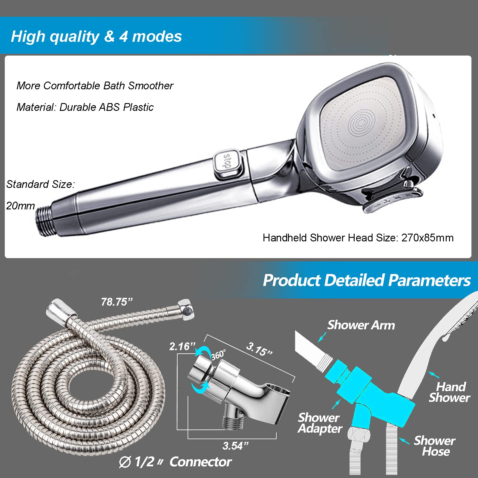 IOUHAPPY High Pressure 4-mode Handheld Shower Head Filtered Shower Head, One-key Stop Water Shower Heads with Handheld Spray, Extra Long 79 Inch Stainless Steel Hose, Wall & Overhead Brackets