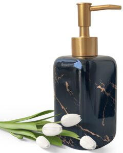 10 oz square marble soap dispenser black soap dispenser for bathroom ceramic liquid soap dispenser with golden pump premium kitchen soap dispenser (black marble)