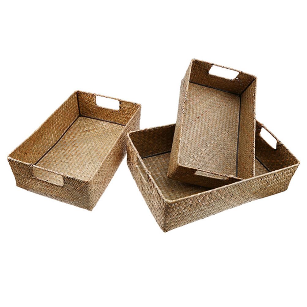 Cabilock Woven Baskets Rectangular Storage Basket Baskets for Organizing Hand-woven Seaweed Organizer Books Storage Box Savings Box Toilet Candy Yellow Bamboo Wicker Storage Basket