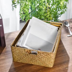 Cabilock Woven Baskets Rectangular Storage Basket Baskets for Organizing Hand-woven Seaweed Organizer Books Storage Box Savings Box Toilet Candy Yellow Bamboo Wicker Storage Basket