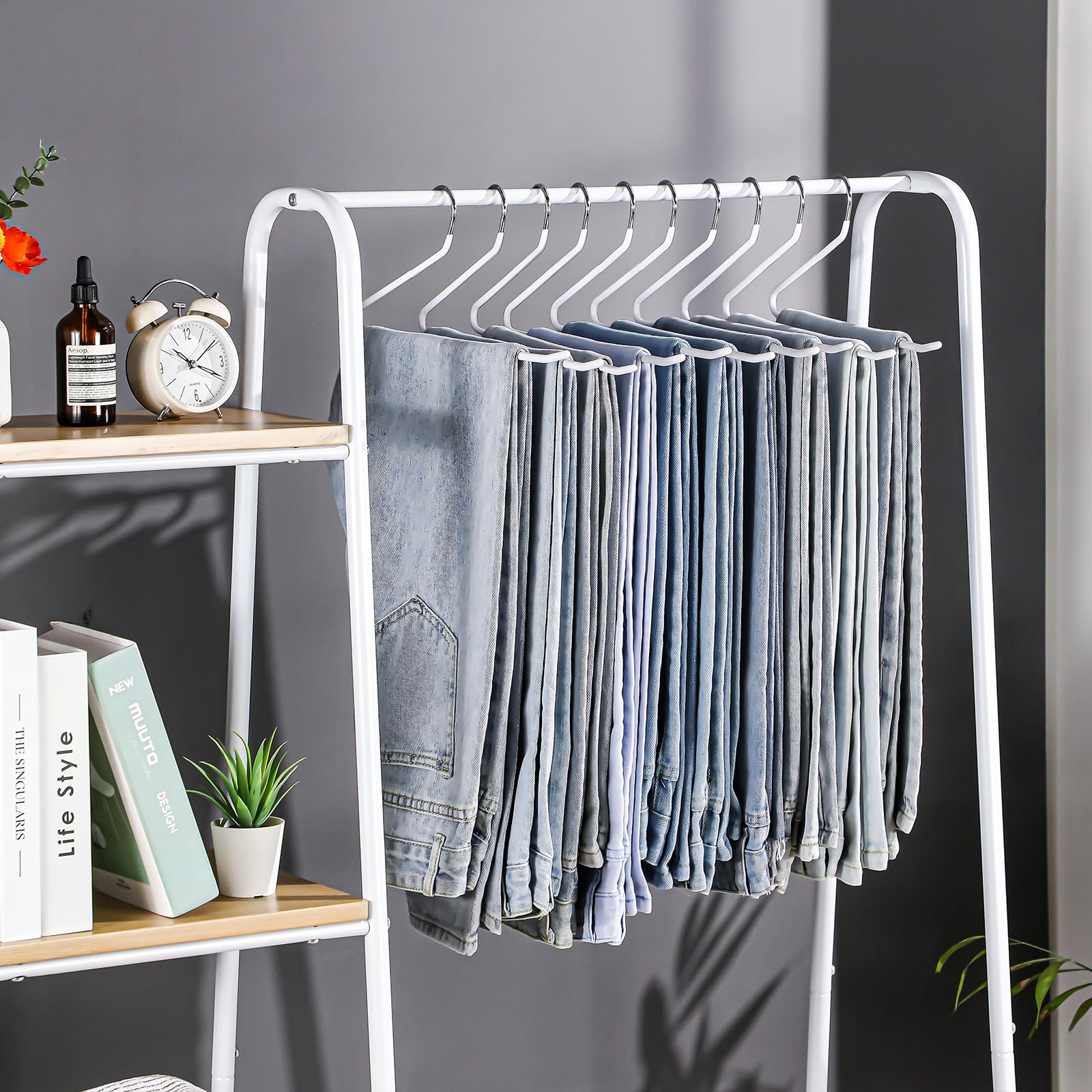 JOYBOS Pants Hangers Space Saving - 30 Pack Open Ended Hangers for Pants - Scarf Organizer Hanger for Closet - Metal Non Slip Jean Hanger - White Pant Hangers for Jeans,Trouser,Leggings,Slacks