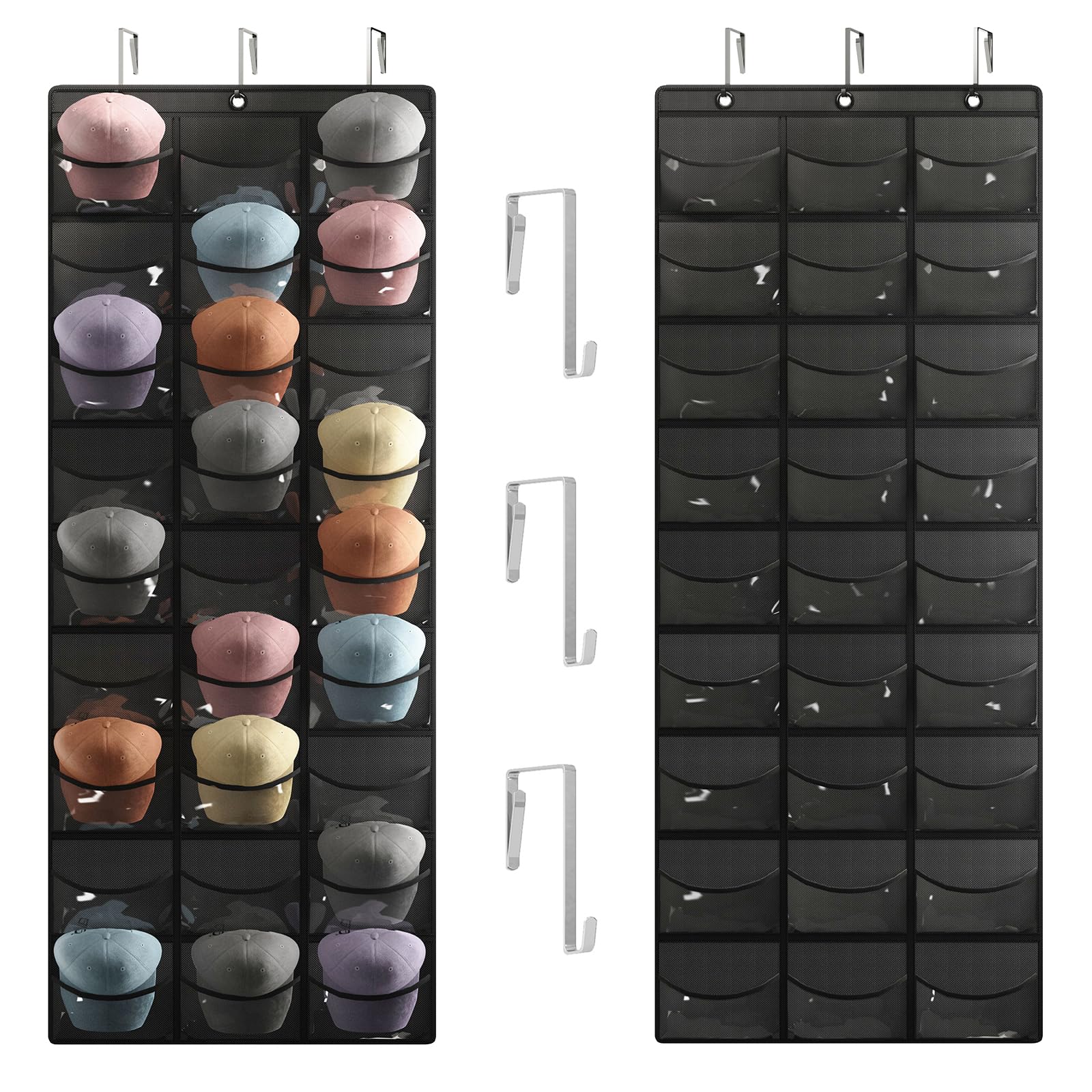 Fixwal Baseball Hat Rack, 27 Pocket Over The Door Cap Organizer Cap Hat Holder Hanger For Closet With Large Clear Pockets & 3 Hooks, Hat Storage to Protect and Display, Black