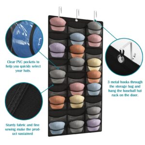 Fixwal Baseball Hat Rack, 27 Pocket Over The Door Cap Organizer Cap Hat Holder Hanger For Closet With Large Clear Pockets & 3 Hooks, Hat Storage to Protect and Display, Black