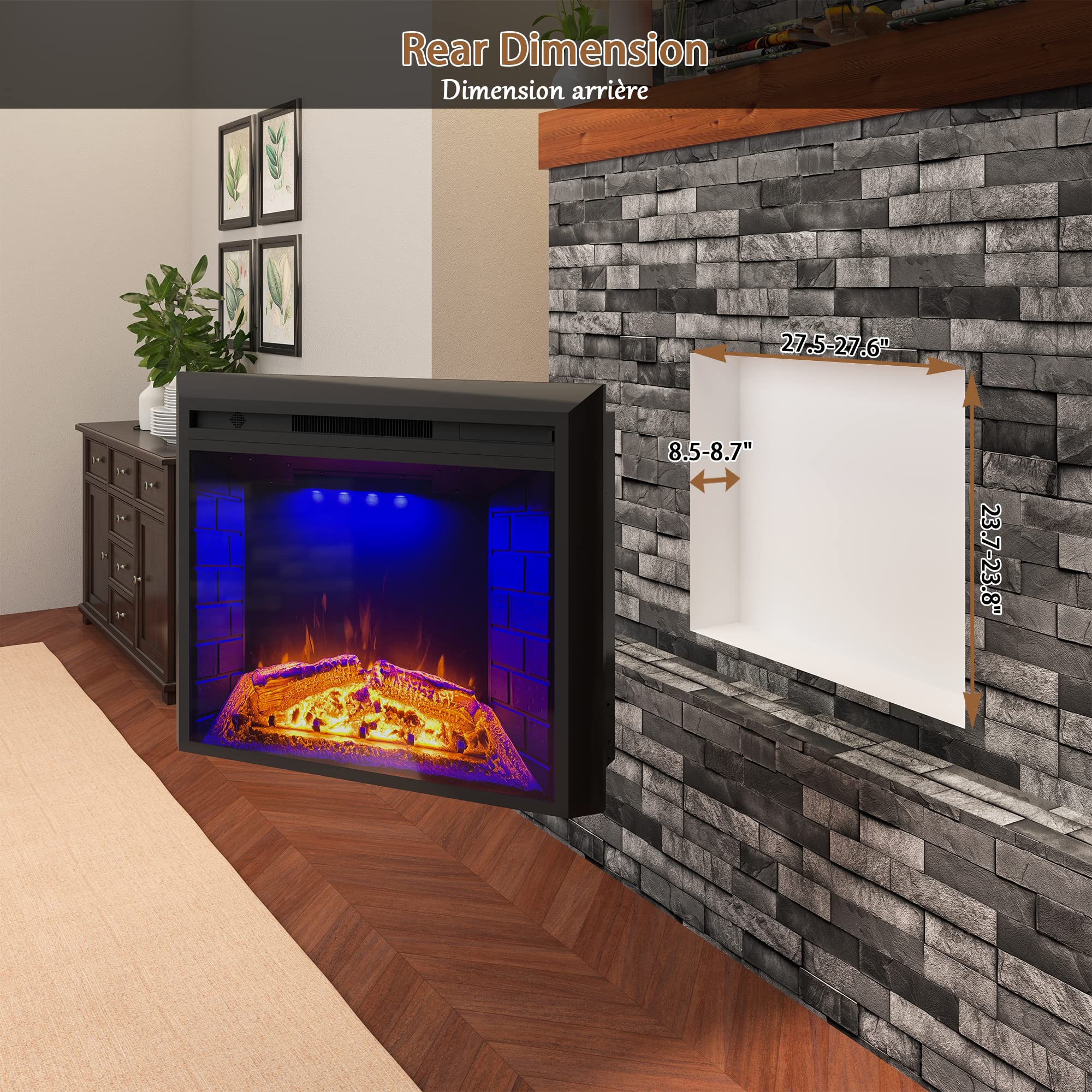 CASAINC 28'' Electric Fireplace Insert, Recessed LED Mantel Fireplace, Low Noise w/Thermostat Heater,1-9 H Timer and Remote Control, Adjustable Flame 3 Colors & 5 Brightness, 1500/750W-Black