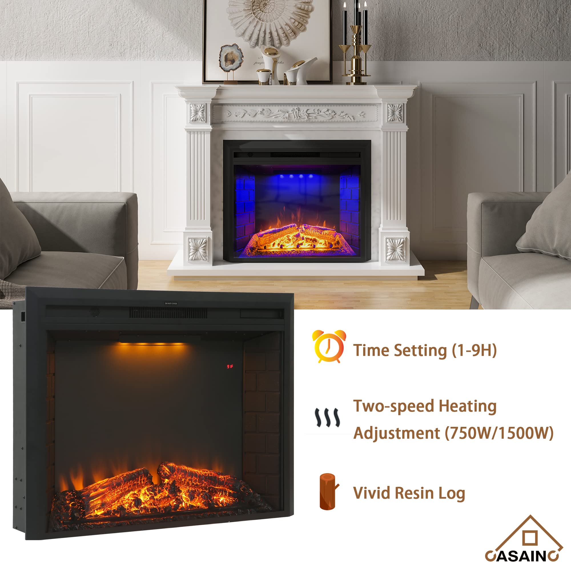 CASAINC 28'' Electric Fireplace Insert, Recessed LED Mantel Fireplace, Low Noise w/Thermostat Heater,1-9 H Timer and Remote Control, Adjustable Flame 3 Colors & 5 Brightness, 1500/750W-Black