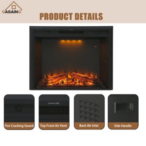 CASAINC 28'' Electric Fireplace Insert, Recessed LED Mantel Fireplace, Low Noise w/Thermostat Heater,1-9 H Timer and Remote Control, Adjustable Flame 3 Colors & 5 Brightness, 1500/750W-Black