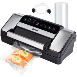 vacuum sealer, 85kpa high-suction, multi-functional machine 9-in-1 for dry & moist food storage, built-in cutter, roll storage, handle lock, led indicator, starter kit (bags&roll, air hose)