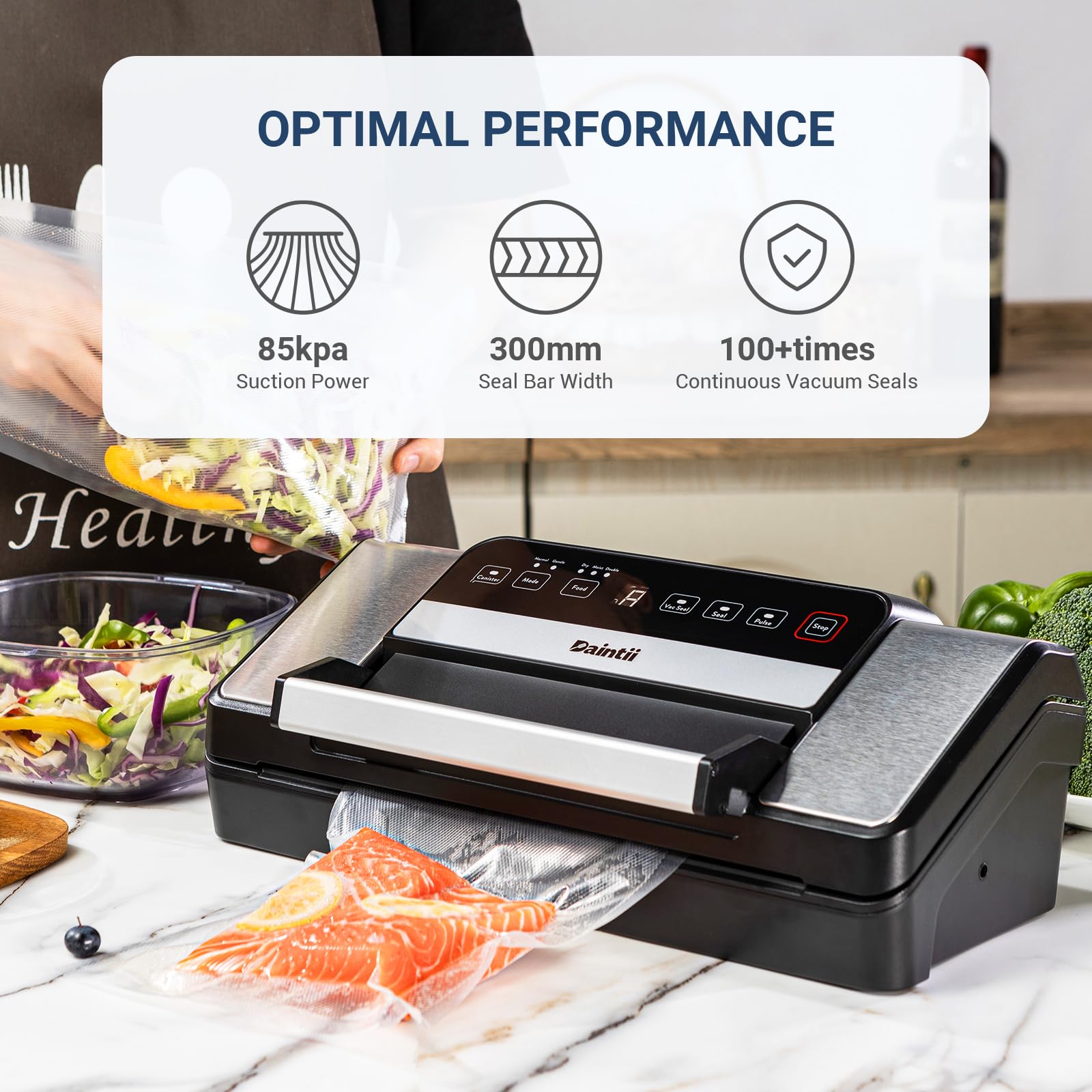 Vacuum Sealer, 85Kpa High-Suction, Multi-Functional Machine 9-in-1 for Dry & Moist Food Storage, Built-in Cutter, Roll Storage, Handle Lock, LED Indicator, Starter Kit (Bags&Roll, Air Hose)