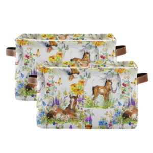 Kigai Storage Basket Field Horses Foldable Canvas Laundry Baskets Bin Waterproof Inner Layer with Sturdy Handles for Toy Nursery Blanket Clothes 1 Pack