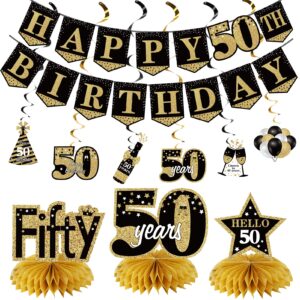 50th birthday banner decorations for men women, 10pcs happy 50th birthday banner honeycomb centerpieces swrils kit