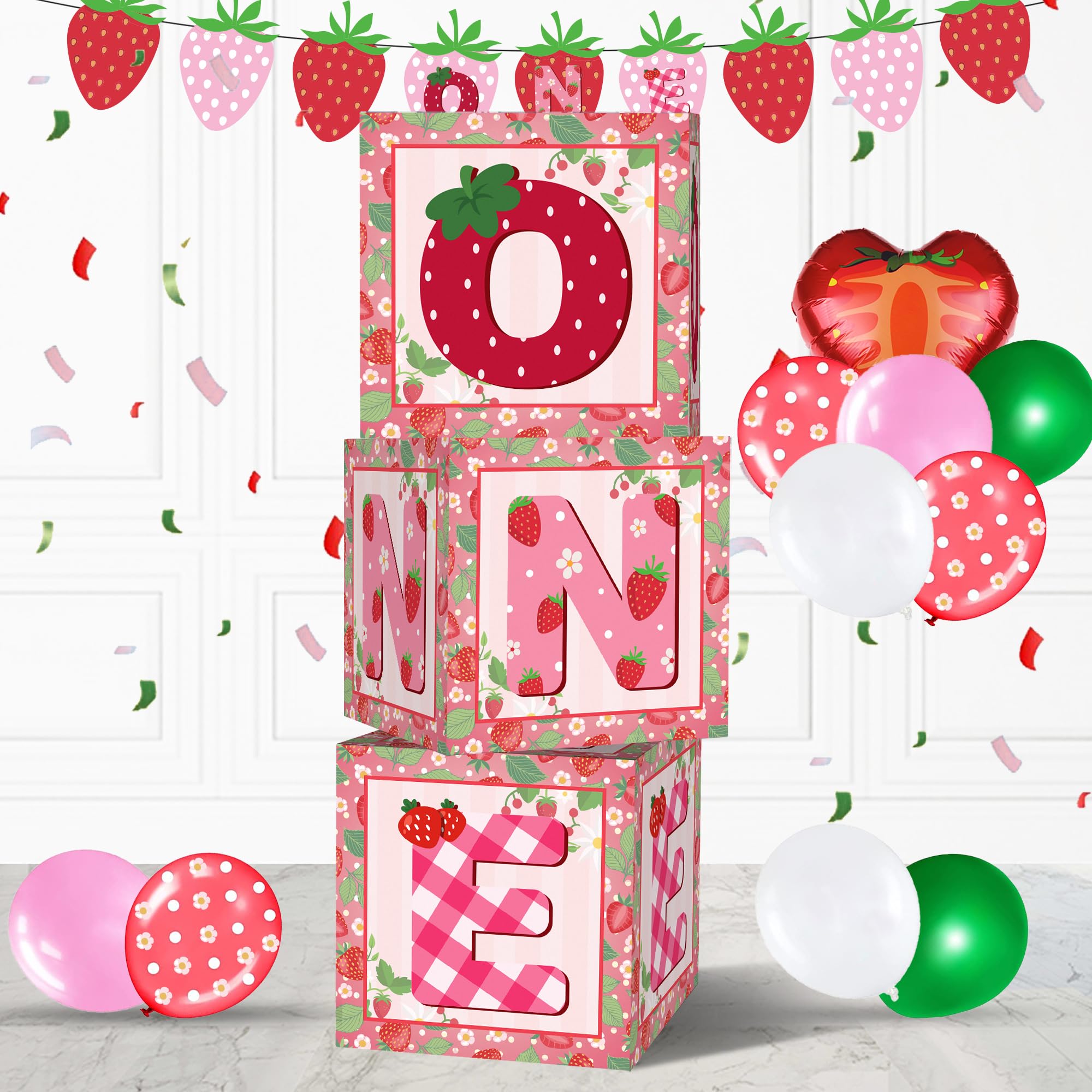 Strawberry Balloon Boxes 1st Birthday Party Supplies Strawberry Backdrop One Birthday Balloon Blocks Decorations for Baby Girl First Birthday Strawberry Party Decorations Supplies