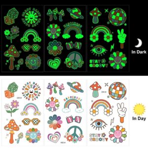 Konsait Groovy 70s Temporary Tattoos for Kids, 90 Pcs Glow in Dark Hippie Tattoos Stickers Flower Rainbow Butterfly Love and Peace Face Tattoos for Girls Flower Power Birthday Party Favor Supplies