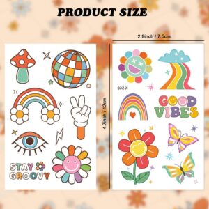 Konsait Groovy 70s Temporary Tattoos for Kids, 90 Pcs Glow in Dark Hippie Tattoos Stickers Flower Rainbow Butterfly Love and Peace Face Tattoos for Girls Flower Power Birthday Party Favor Supplies