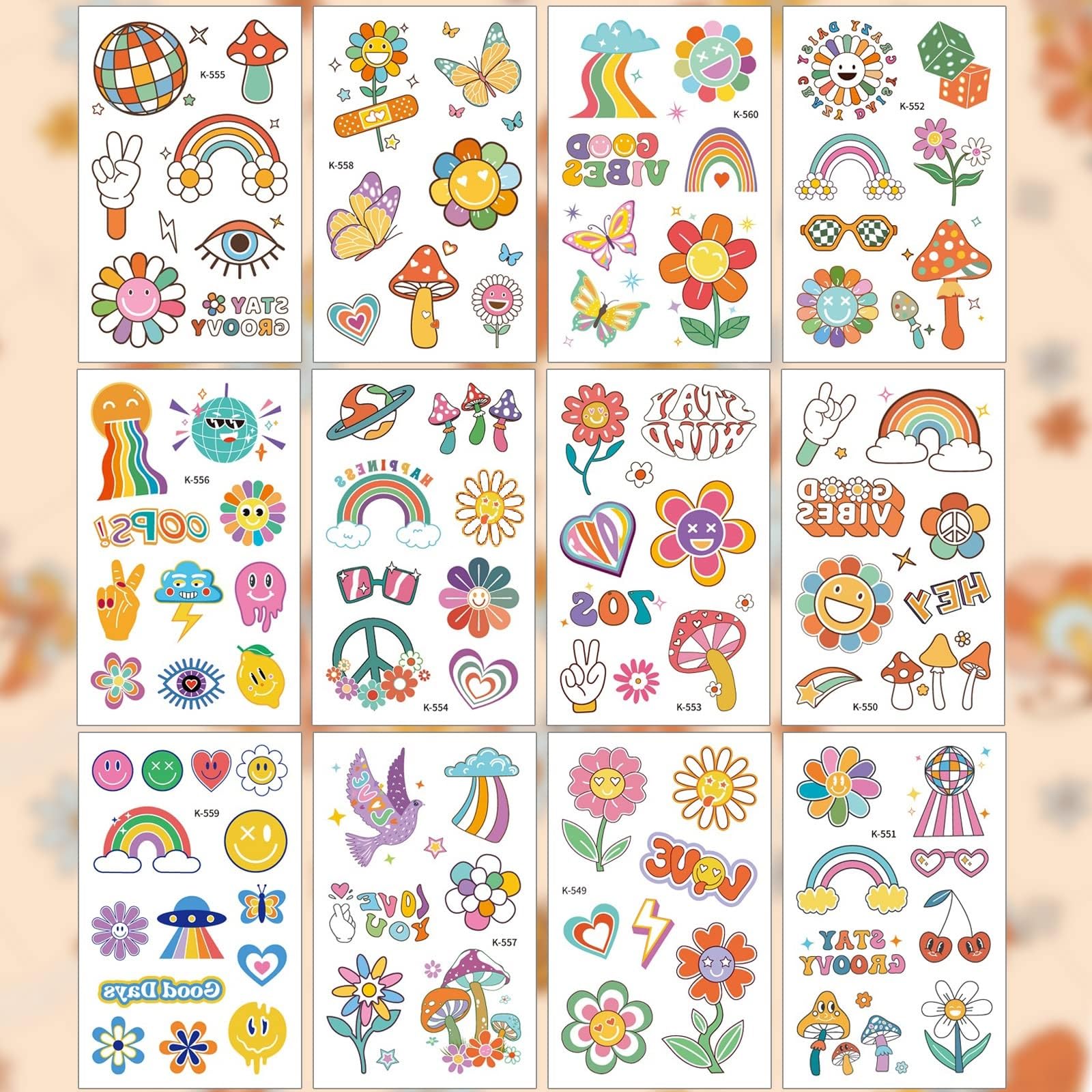 Konsait Groovy 70s Temporary Tattoos for Kids, 90 Pcs Glow in Dark Hippie Tattoos Stickers Flower Rainbow Butterfly Love and Peace Face Tattoos for Girls Flower Power Birthday Party Favor Supplies