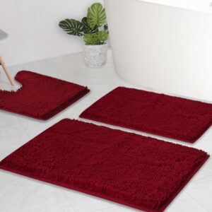 ainahyva bathroom rugs chenille bath mat 3-piece set, super absorbent, strong pvc non-slip backing, bath carpet, plush shaggy, thick, machine washable, for tub, shower, toilet, burgundy