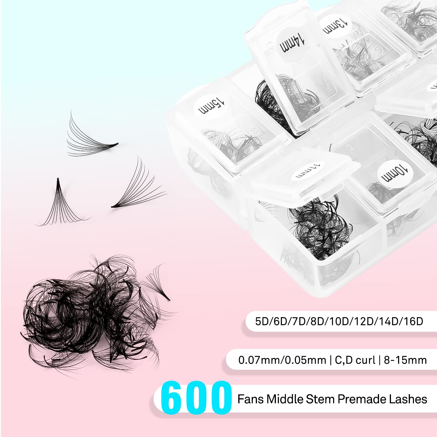 VAVALASH 600 Fans 5D-16D 24D Eyelash Extensions 8-15mm Mixed Length Thin Base Volume Lash Extension(10D-0.07-D-8-15mm)