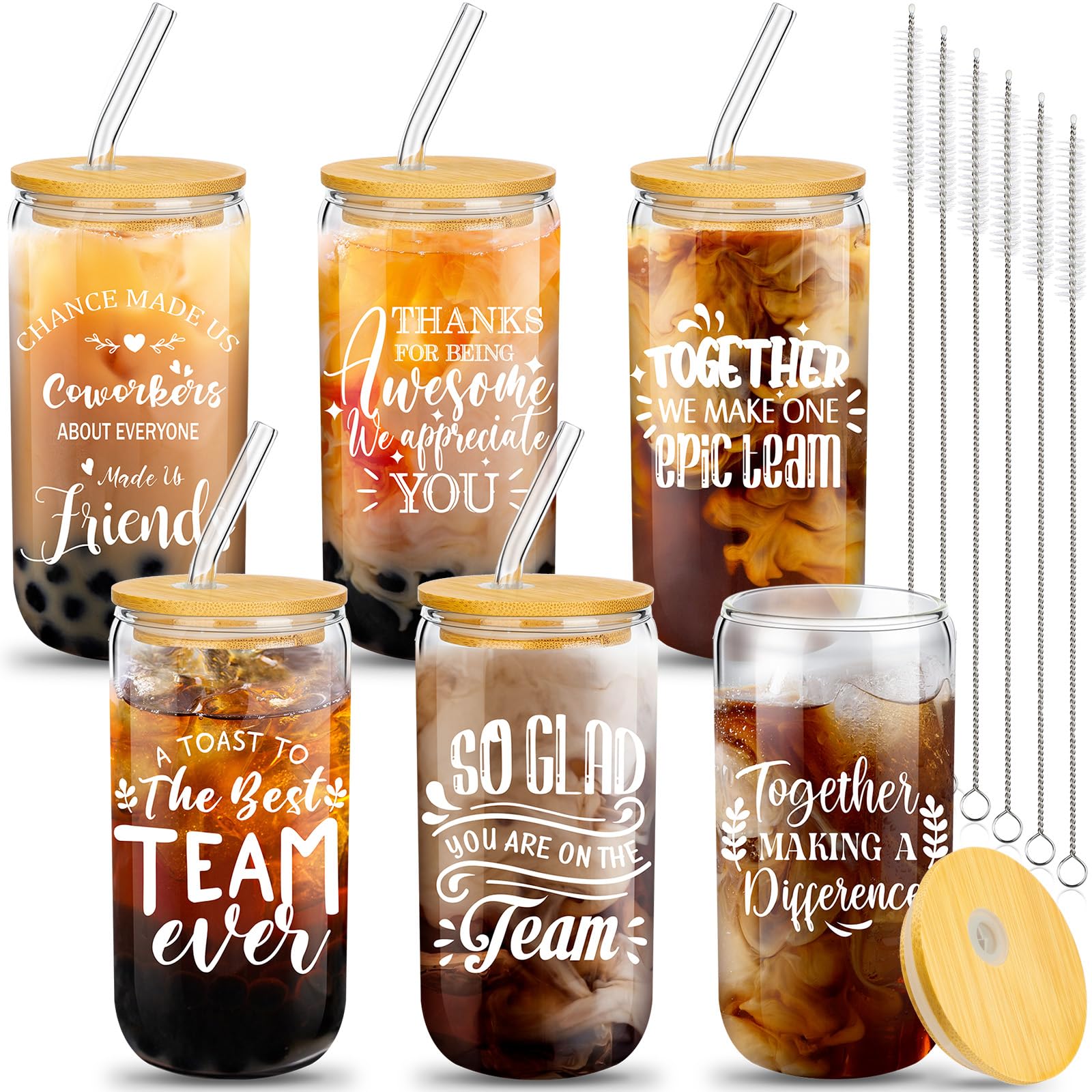 Purpeak 6 Set Employee Appreciation Gifts Thank You Gifts for Staff Coworker Thank You Glass Cups 16 oz Can Shaped Beer Glass with Lids Straws Brushes for Team Teacher Nurse(Inspirational Style)