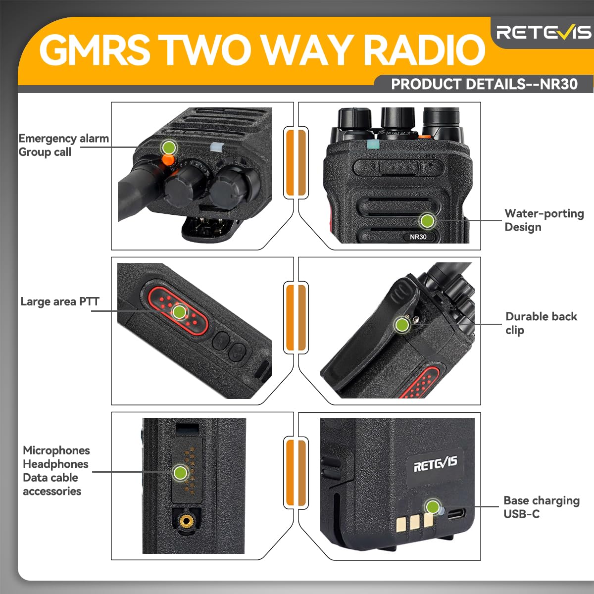 Retevis NR30 2 Way Radio Long Range, Waterproof Walkie Talkies with Mic, High Power Two Way Radios, Noise Cancelling, Heavy Duty, for Manufacturing Contractor Supplier(4 Pack)