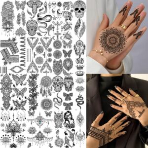 bilizar 32 sheets 89+ pcs black lotus temporary tattoos for women hands adults underboob, tribal indian elephant skull snake fake tattoos, bulk bohemia butterfly tattoo kit sets mandala flower moon