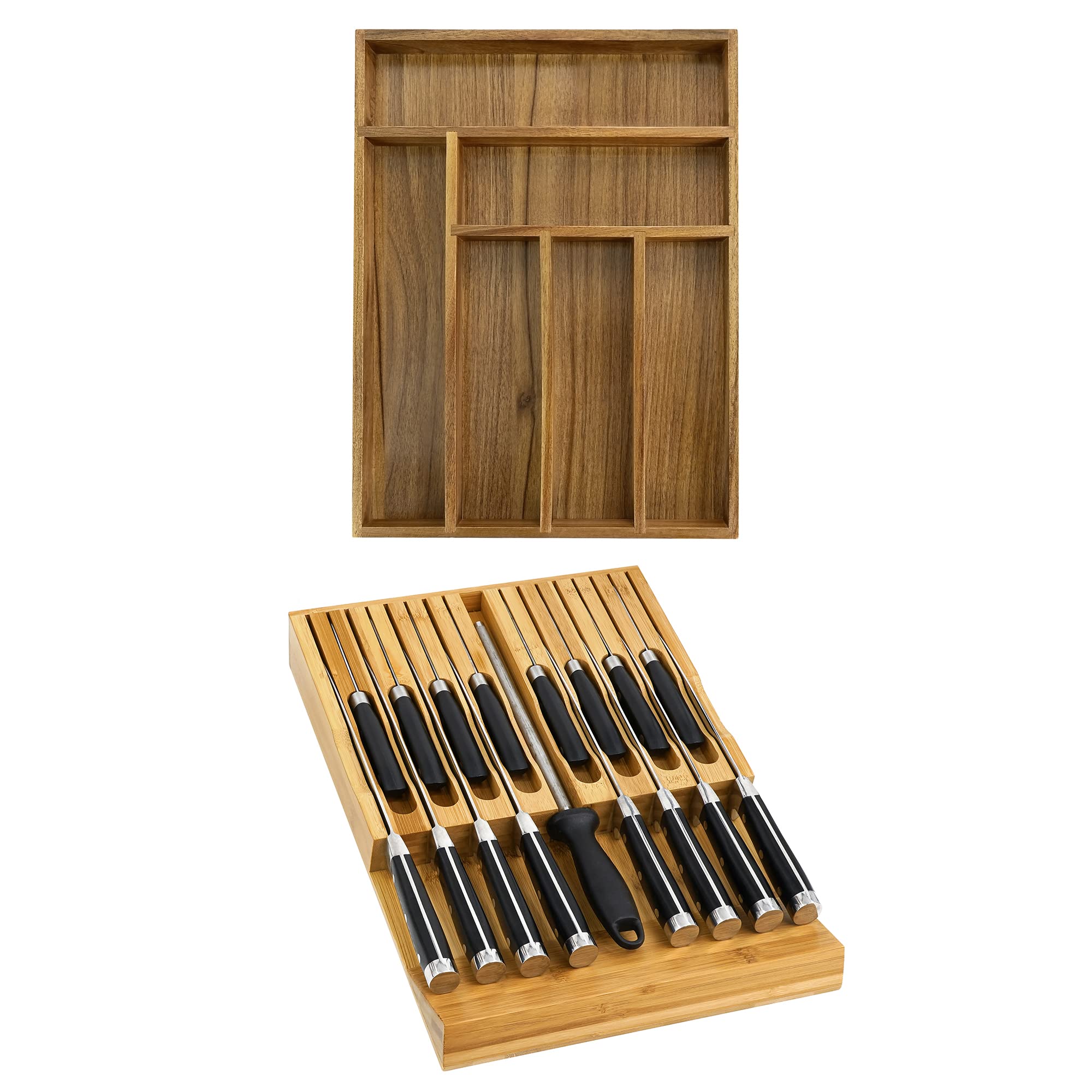 Acacia Drawer Cutlery Organizer 6 Slots + Bamboo Knife Block Organizer Storage for 16 Knives.