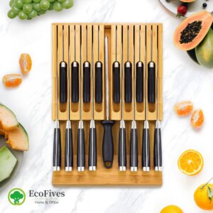 Acacia Drawer Cutlery Organizer 6 Slots + Bamboo Knife Block Organizer Storage for 16 Knives.