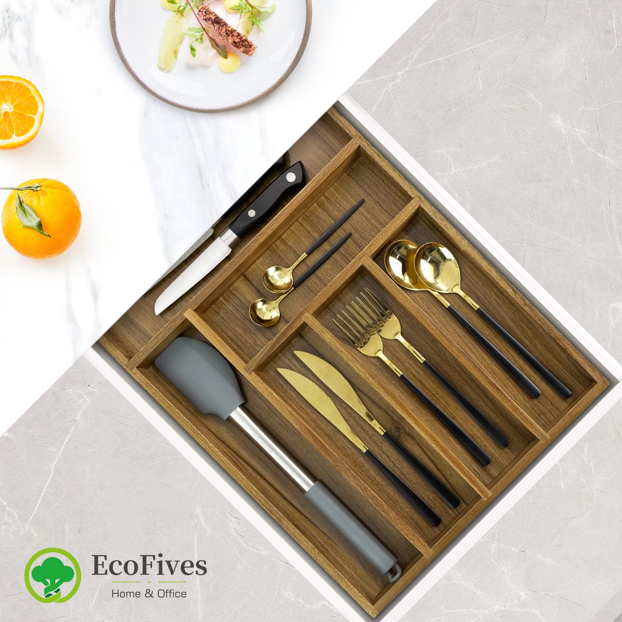 Acacia Drawer Cutlery Organizer 6 Slots + Bamboo Knife Block Organizer Storage for 16 Knives.