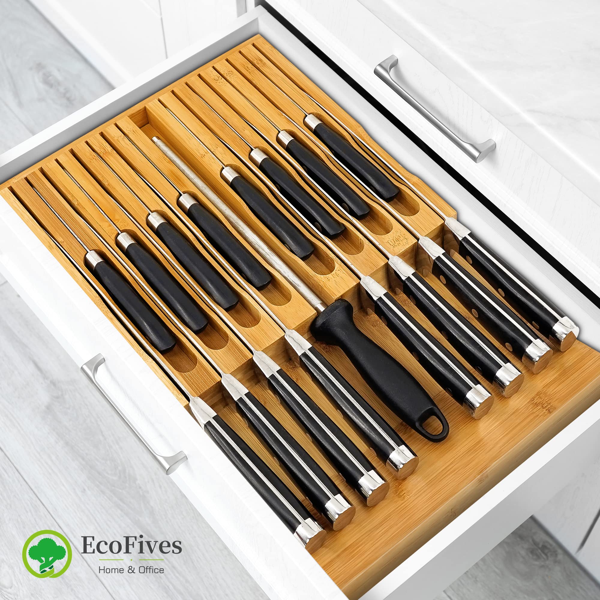 Acacia Drawer Cutlery Organizer 6 Slots + Bamboo Knife Block Organizer Storage for 16 Knives.