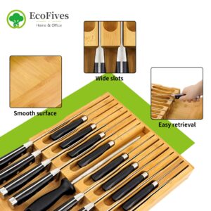 Acacia Drawer Cutlery Organizer 6 Slots + Bamboo Knife Block Organizer Storage for 16 Knives.