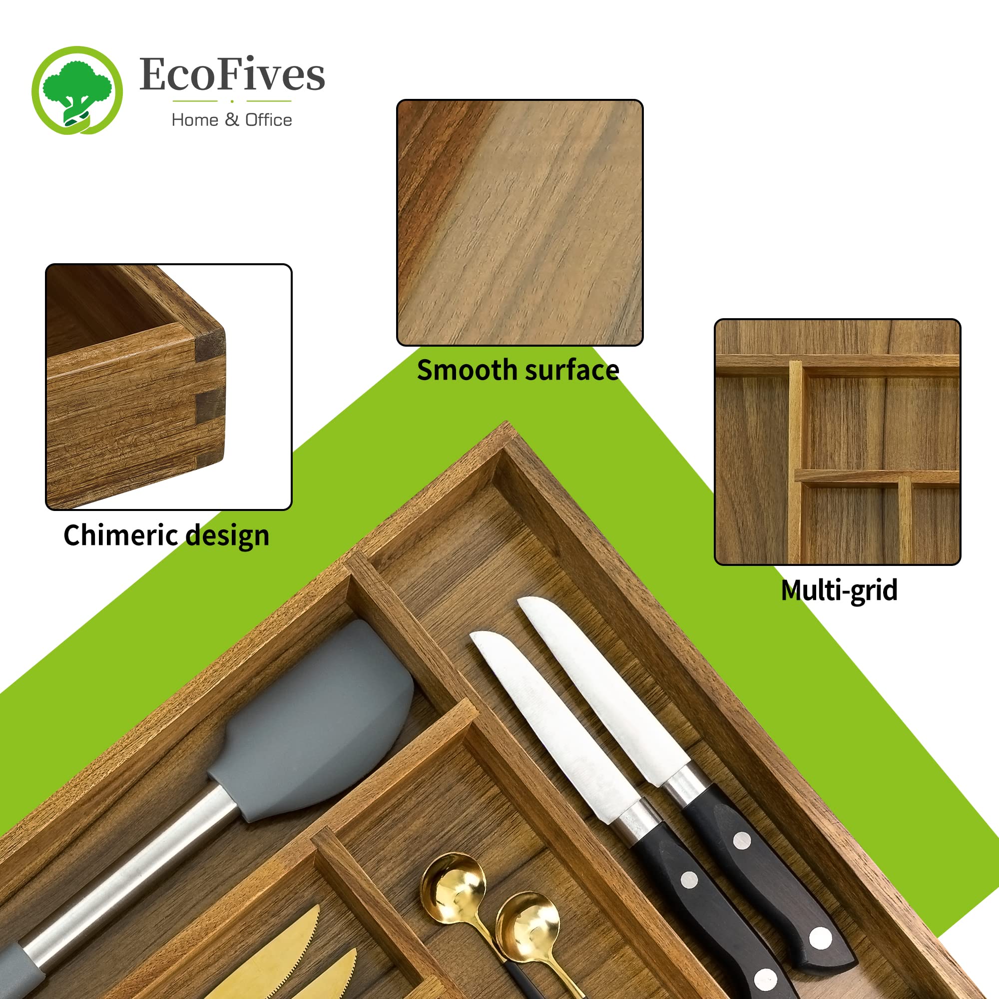 Acacia Drawer Cutlery Organizer 6 Slots + Bamboo Knife Block Organizer Storage for 16 Knives.