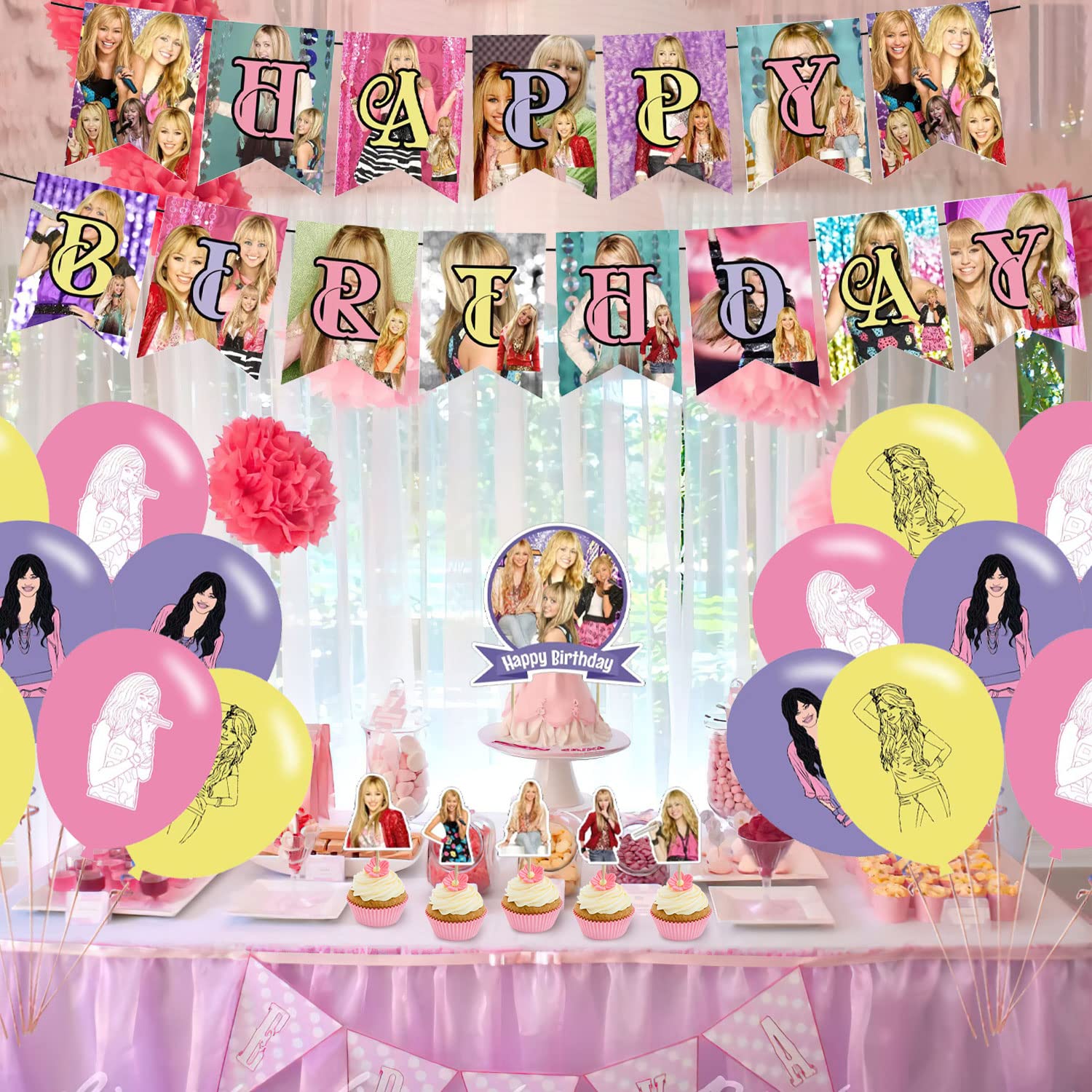 Hannah Singer Montana Party Decorations, Music Theme Birthday Party Supplies Includes Birthday Banner, Cupcake Toppers, Cake Topper, Latex Balloons for Kids Adults Fans Party Decor