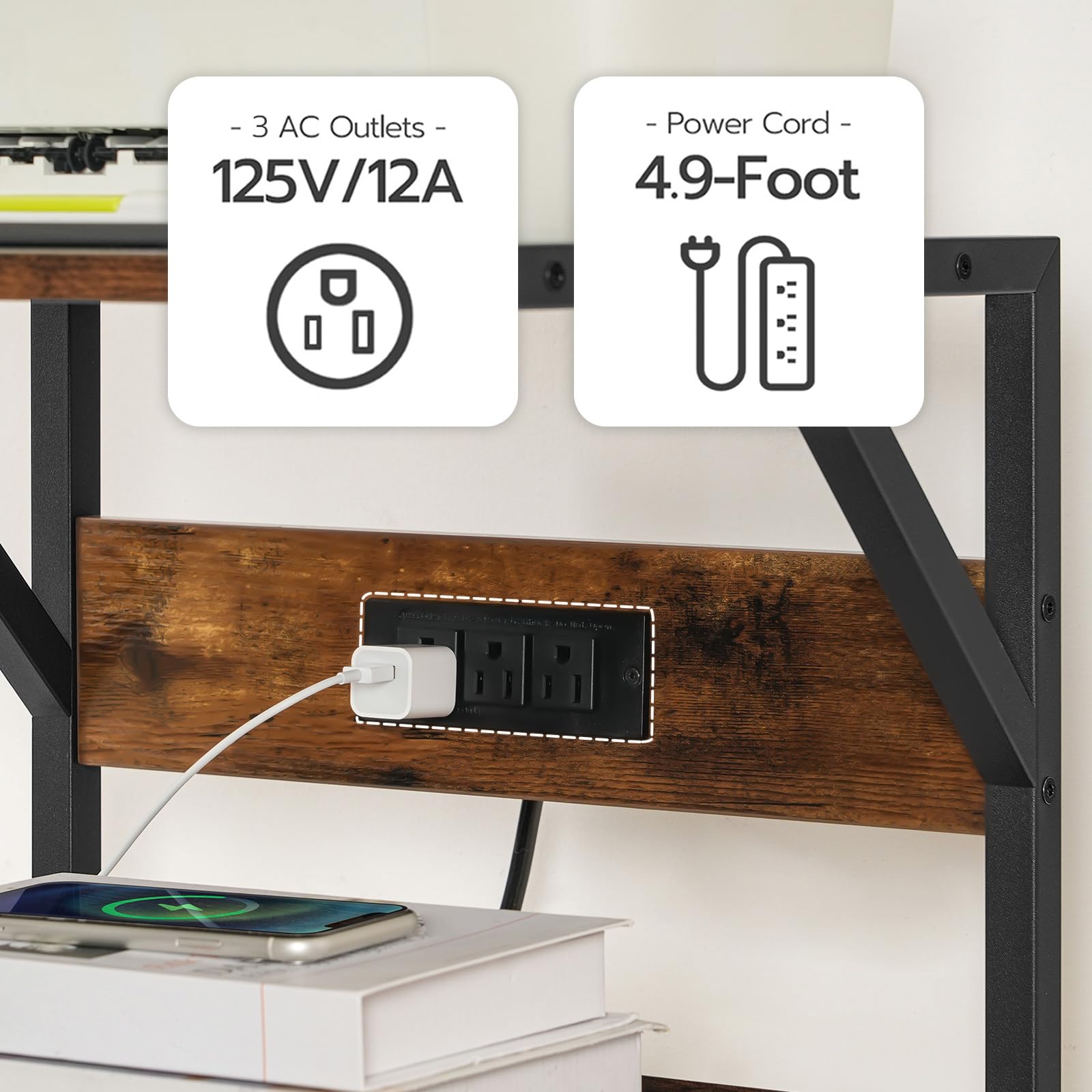 HOOBRO Mobile File Cabinet, Filing Cabinet with Charging Station, Office Cabinet, Printer Stand with File Cabinet, Open Storage Shelf, A4/Letter Size for Home Office, Rustic Brown and Black BF98UWJ01