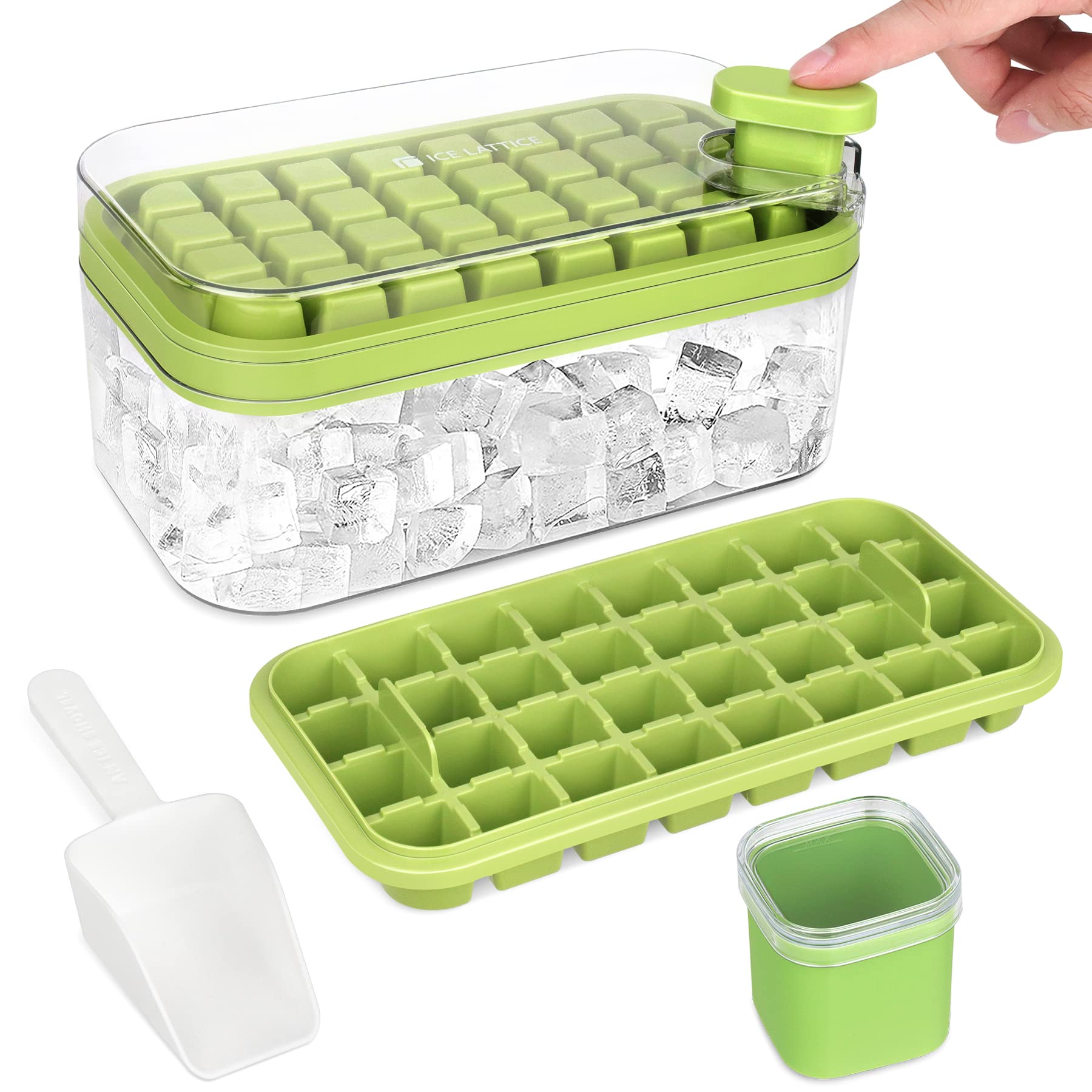 CTSZOOM Ice Cube Tray with Lid and Bin &Scoop, 64 pcs Ice Cubes Molds 2 Trays, Ice Cube Tray Mold for Freezer with One Large Square Ice Cube Molds for Whiskey, Cocktail (Green)