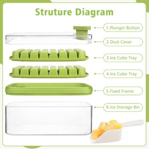 CTSZOOM Ice Cube Tray with Lid and Bin &Scoop, 64 pcs Ice Cubes Molds 2 Trays, Ice Cube Tray Mold for Freezer with One Large Square Ice Cube Molds for Whiskey, Cocktail (Green)