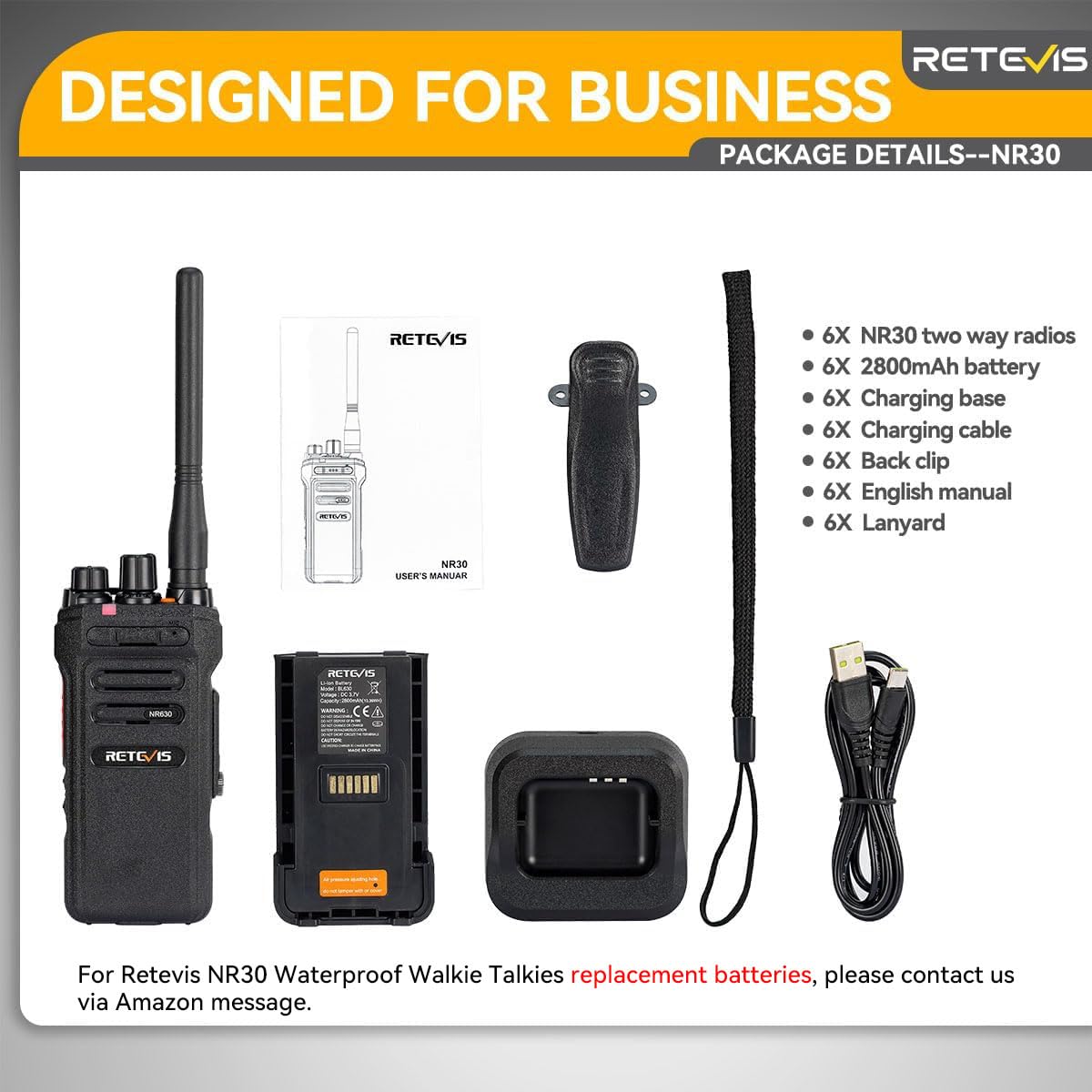 Retevis NR30 Two Way Radios Long Range, IP67 Waterproof Walkie Talkies Adults, Noise Cancelling, 700,000 sq. ft/50 Floor Range 2 Way Radio Set (6Pack)