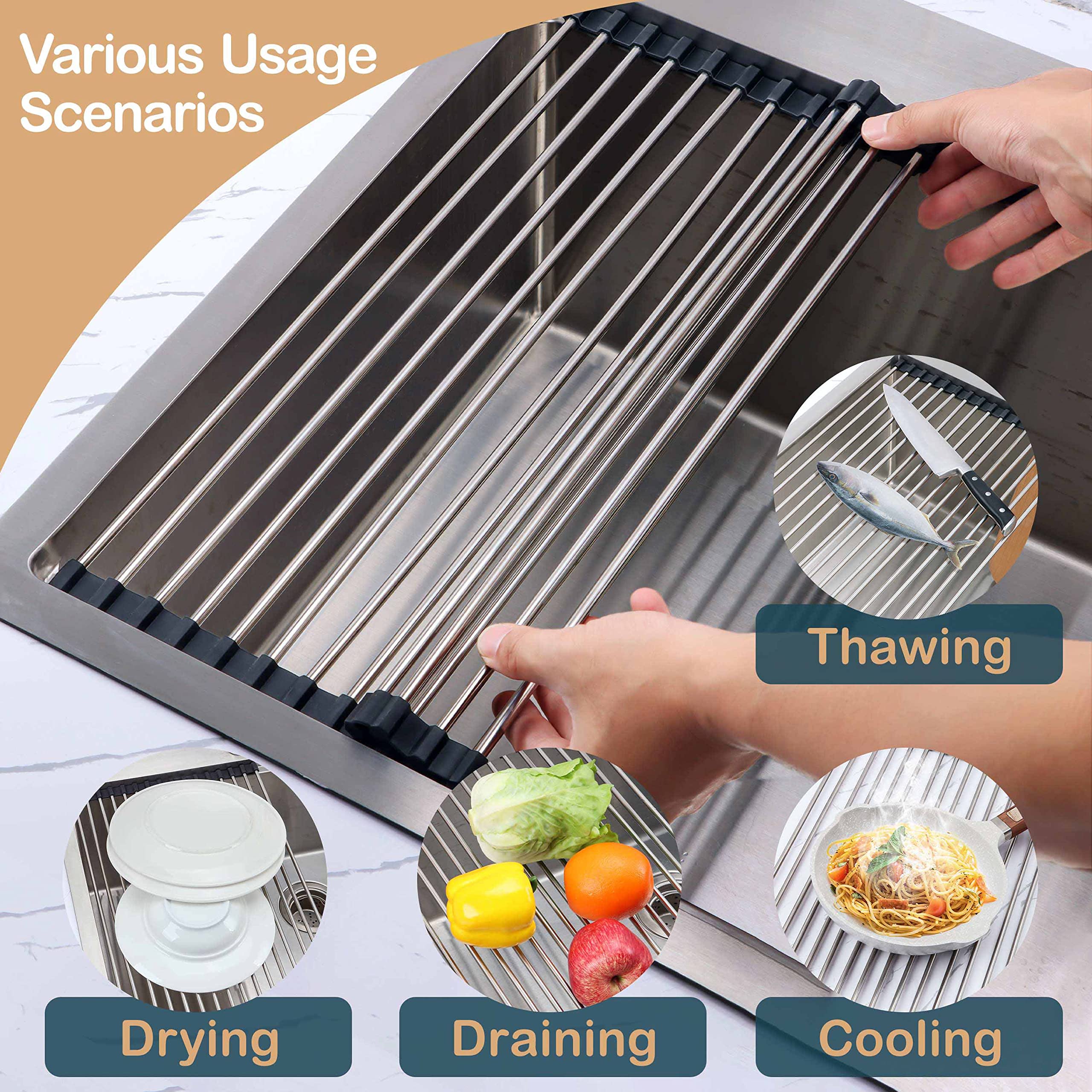 Herogo Roll Up Dish Drying Rack, Stainless Steel Over The Sink Dish Drying Rack for Kitchen Sink, Versatile Kitchen Sink Drying Rack for Kitchen Counter, 16.7” x 12”, Slide-Proof & Heat-Proof