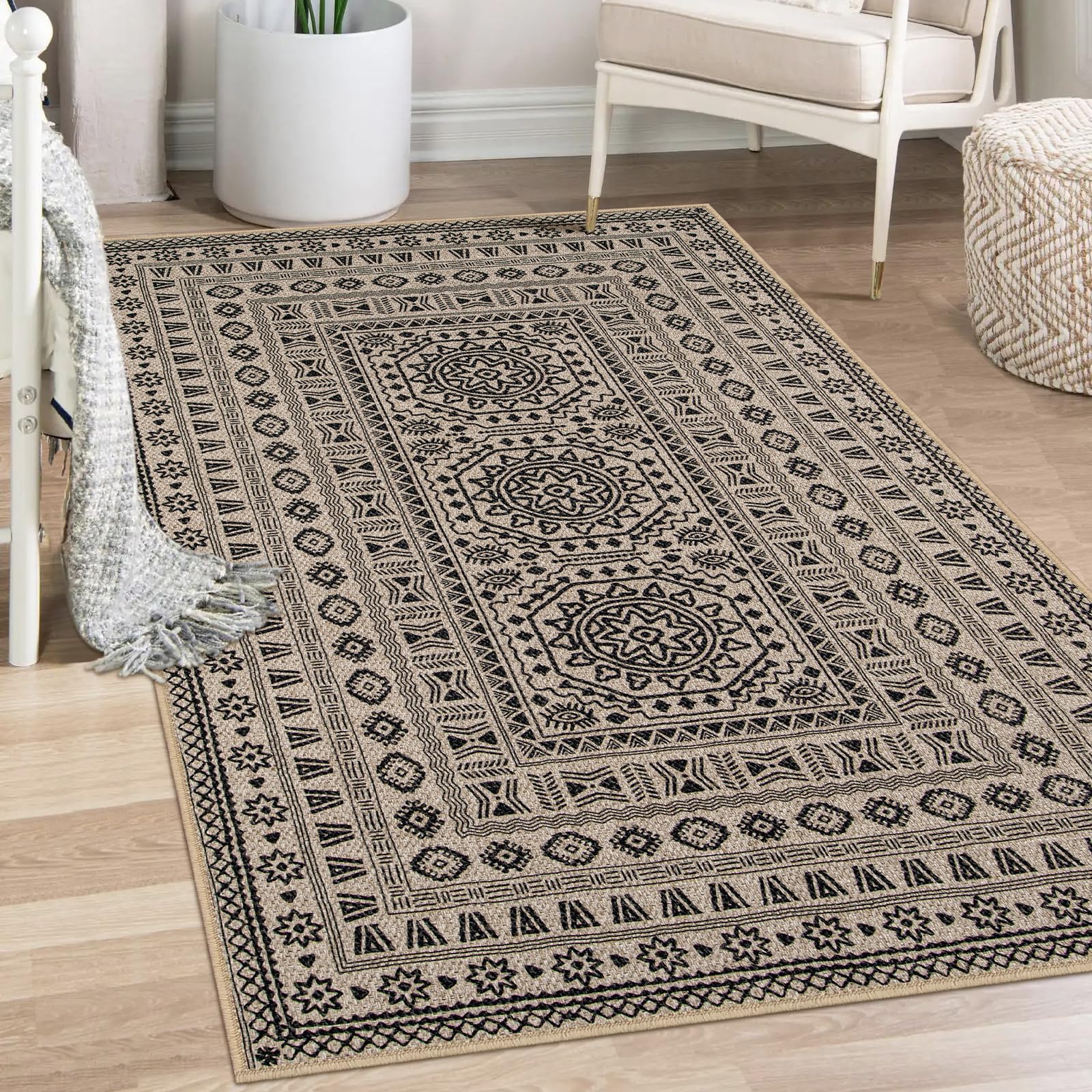 Lahome Mandala Easy Jute Rug - 3 x 5 Farmhouse Sisal Rugs for Bedroom Ultra-Thin Natural Rugs Non Slip Washable Front Door Mat Small Carpet for Entryway Patio Living Room Kitchen（3'x 5',Black