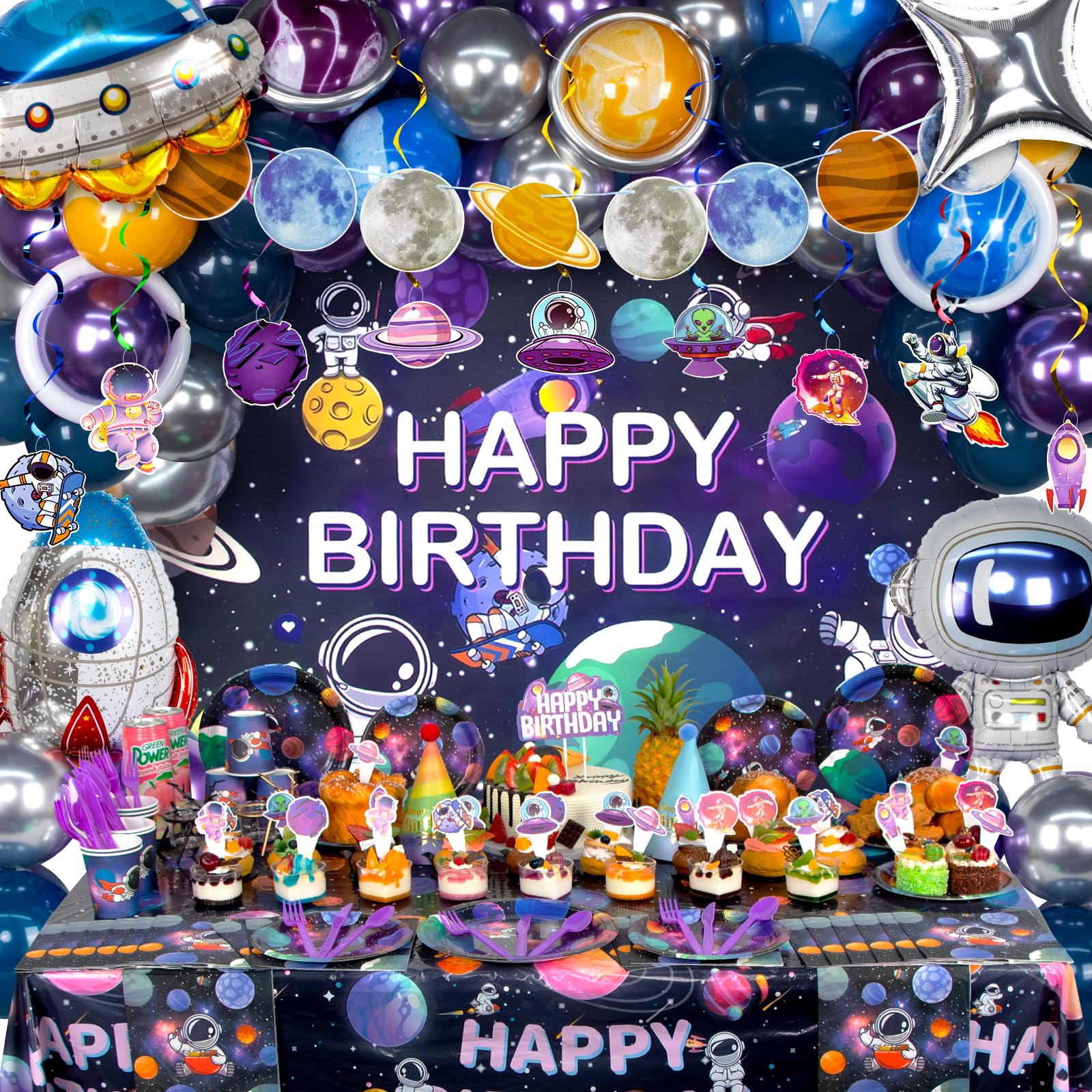 HJINGY Outer Space Party Decorations, Space Themed Party Supplies Include Space Balloons, Backdrop, Galaxy Banner, Hanging Swirls, Tablecloth, Plates, Cups, Cake Toppers for Space Birthday Decorations