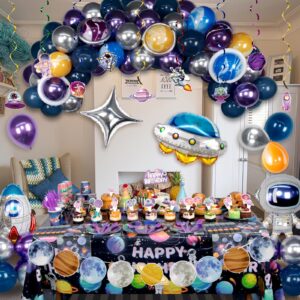 HJINGY Outer Space Party Decorations, Space Themed Party Supplies Include Space Balloons, Backdrop, Galaxy Banner, Hanging Swirls, Tablecloth, Plates, Cups, Cake Toppers for Space Birthday Decorations