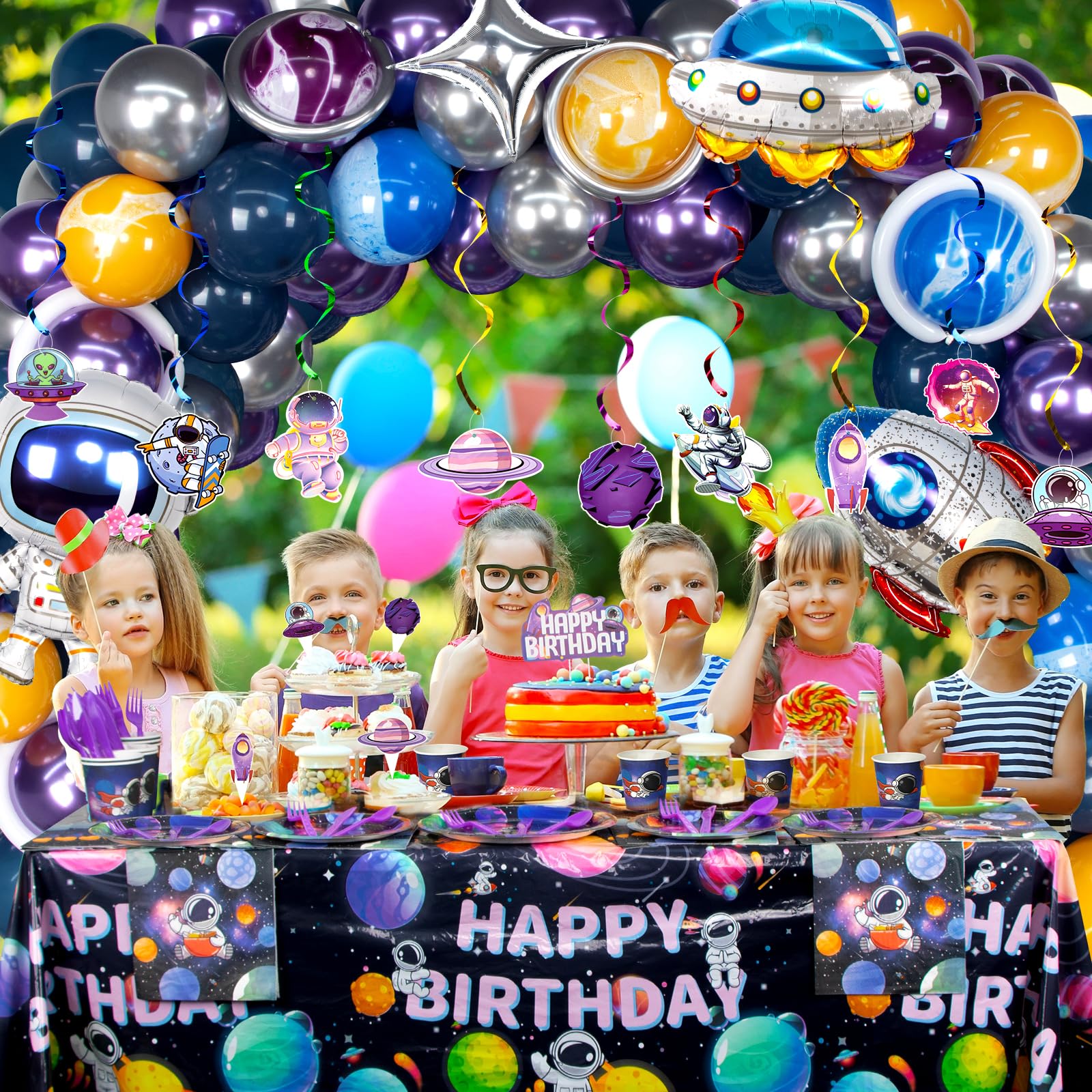 HJINGY Outer Space Party Decorations, Space Themed Party Supplies Include Space Balloons, Backdrop, Galaxy Banner, Hanging Swirls, Tablecloth, Plates, Cups, Cake Toppers for Space Birthday Decorations