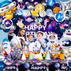 HJINGY Outer Space Party Decorations, Space Themed Party Supplies Include Space Balloons, Backdrop, Galaxy Banner, Hanging Swirls, Tablecloth, Plates, Cups, Cake Toppers for Space Birthday Decorations