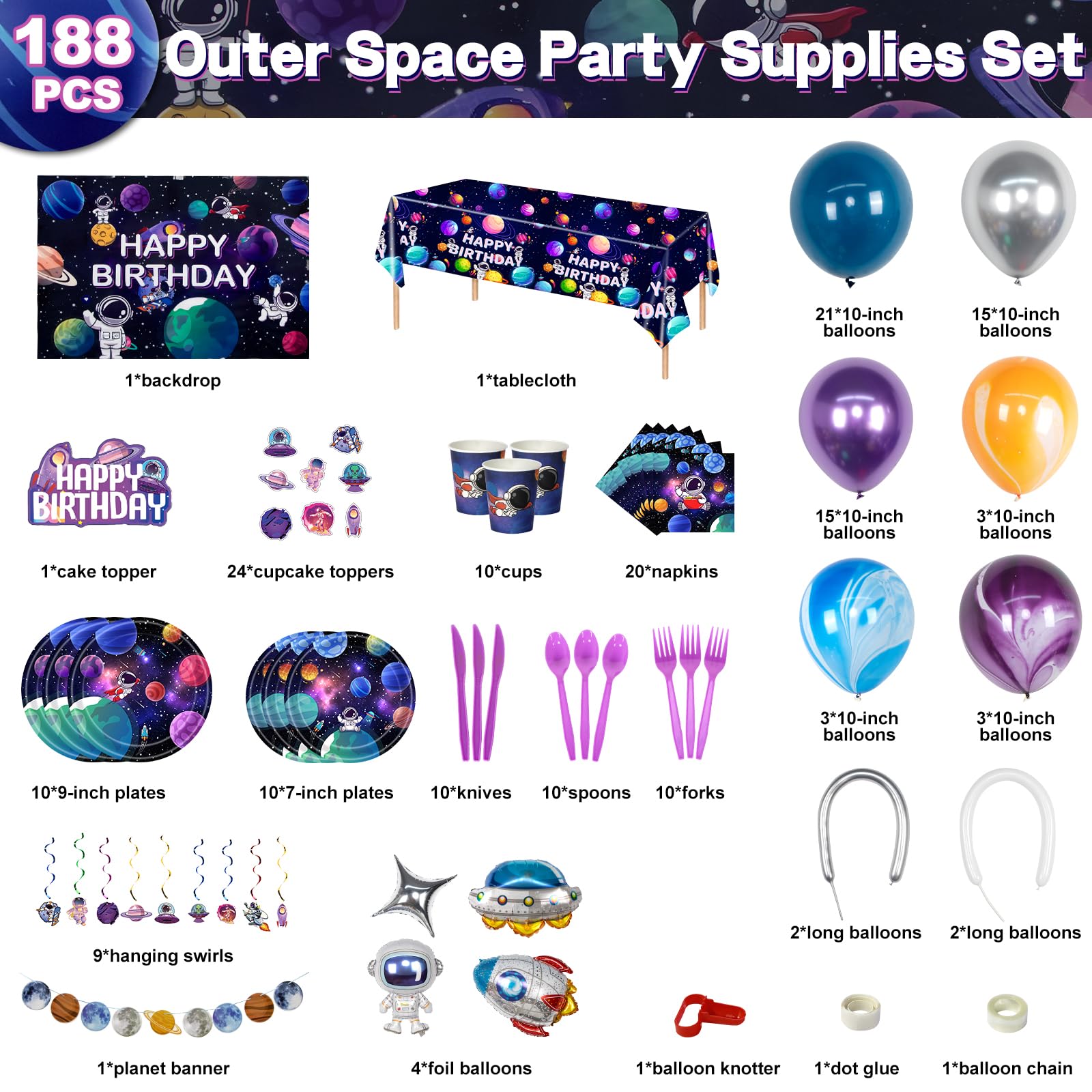 HJINGY Outer Space Party Decorations, Space Themed Party Supplies Include Space Balloons, Backdrop, Galaxy Banner, Hanging Swirls, Tablecloth, Plates, Cups, Cake Toppers for Space Birthday Decorations