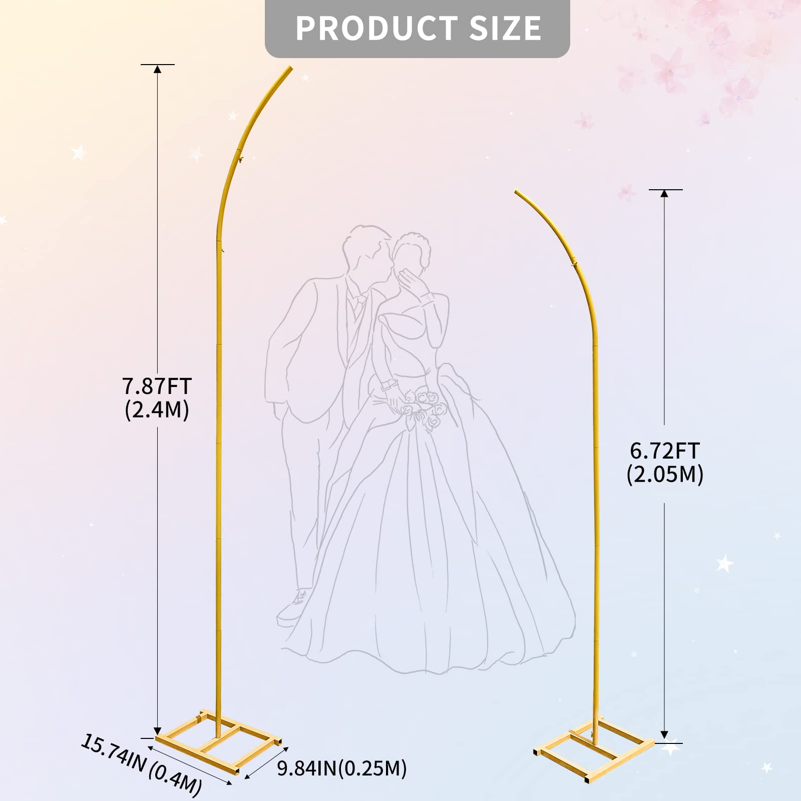 ZpigToor Metal Wedding Arch Stand,Set of 2 Gold Curved Top Arch Backdrop Stand Wedding Arches for Ceremony Birthday Anniversary Baby Shower Floral Stand Background Decoration (Gold,7.8FT & 6.7FT)