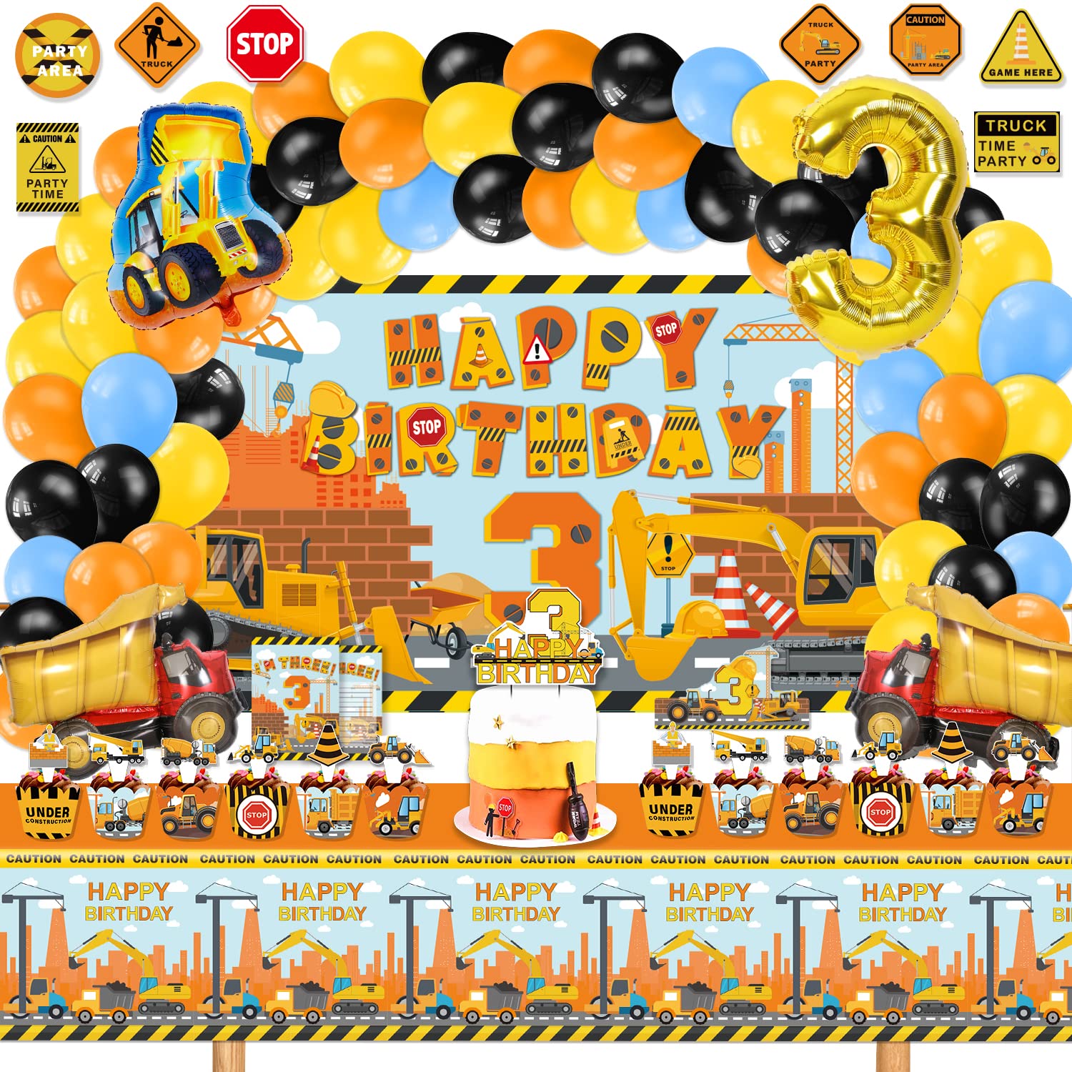 Construction Birthday Party Supplies for 3, 136 Pcs Dump Truck Party Decorations for Boys Baby,Backdrop, Banner, Cake, and Cupcake Toppers, Balloons, Party Traffic Signs, Tablecloth