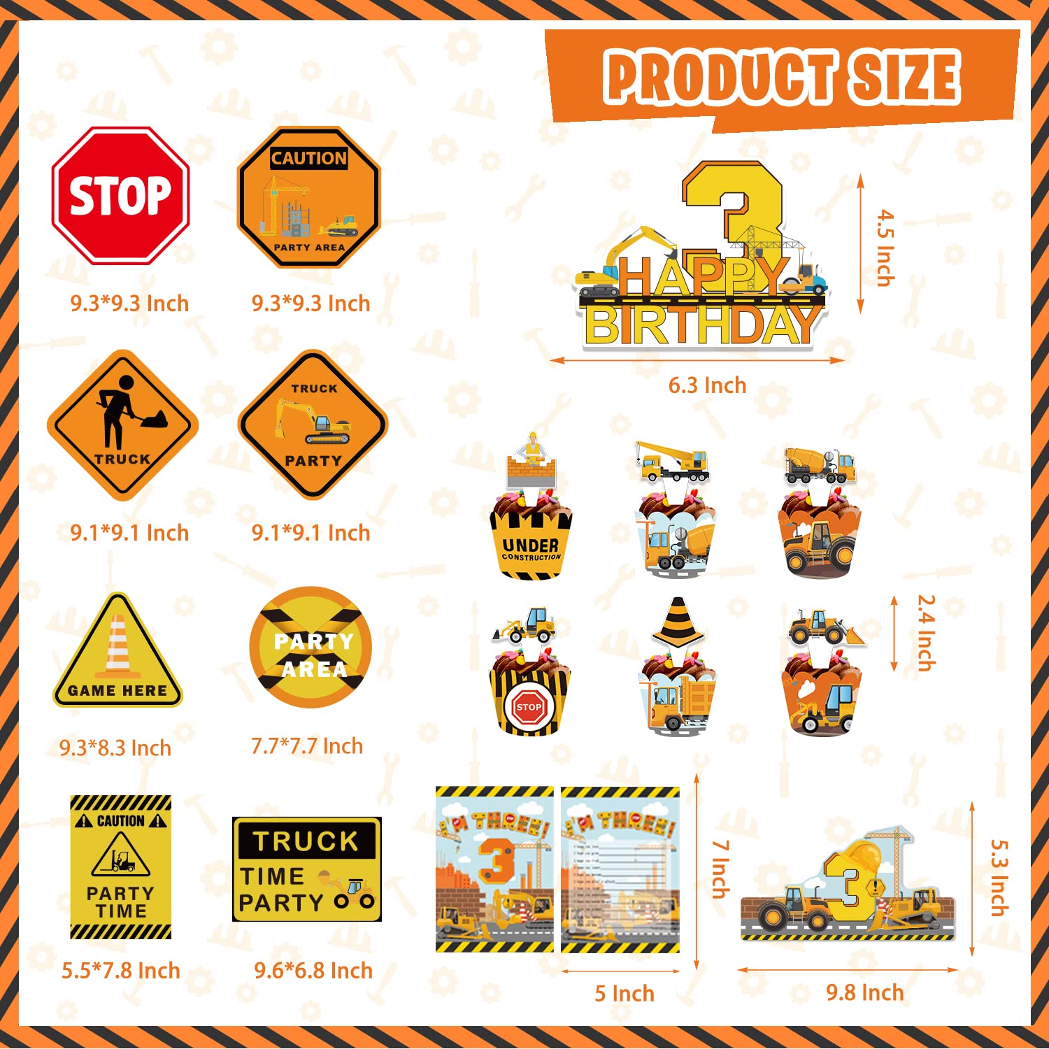 Construction Birthday Party Supplies for 3, 136 Pcs Dump Truck Party Decorations for Boys Baby,Backdrop, Banner, Cake, and Cupcake Toppers, Balloons, Party Traffic Signs, Tablecloth