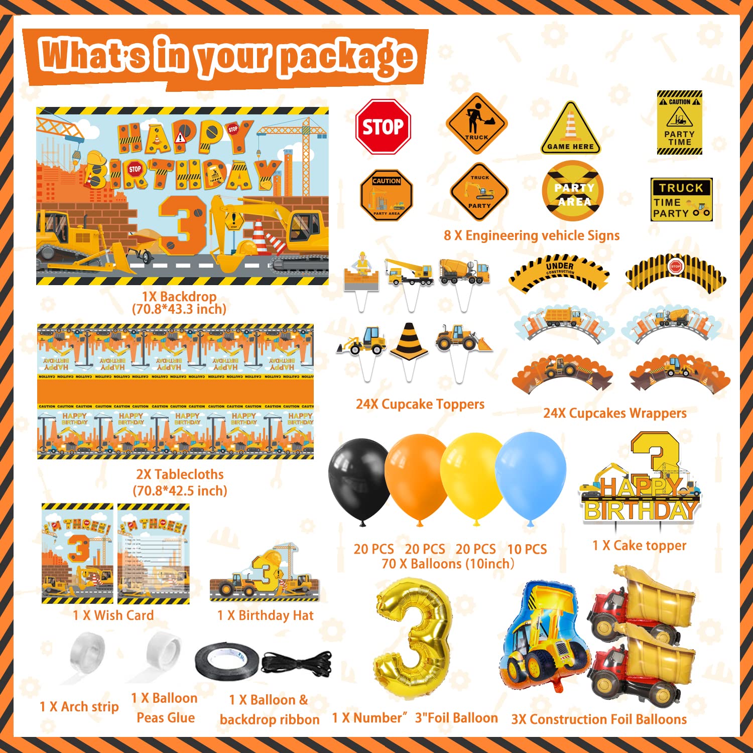 Construction Birthday Party Supplies for 3, 136 Pcs Dump Truck Party Decorations for Boys Baby,Backdrop, Banner, Cake, and Cupcake Toppers, Balloons, Party Traffic Signs, Tablecloth