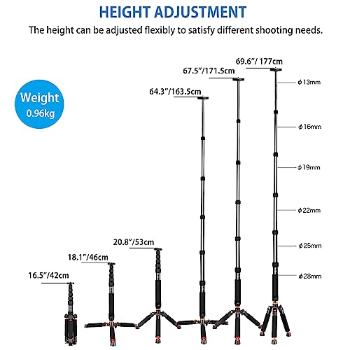 Koolehaoda Camera Aluminum Monopod with Metal Tripod Base.6 Sections 18-69inch Adjustable, Leg Diameter Φ28mm,up to 13lbs - Black