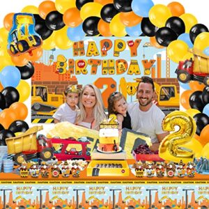 Mpanwen Construction Birthday Party Supplies for 2 Year Old Boy, 139 Pcs Dump Truck Party Decorations for Boys Baby - Backdrop, Balloons, Cupcakes Wrappers, Traffic Signs, Tablecloth, Crown and Poster